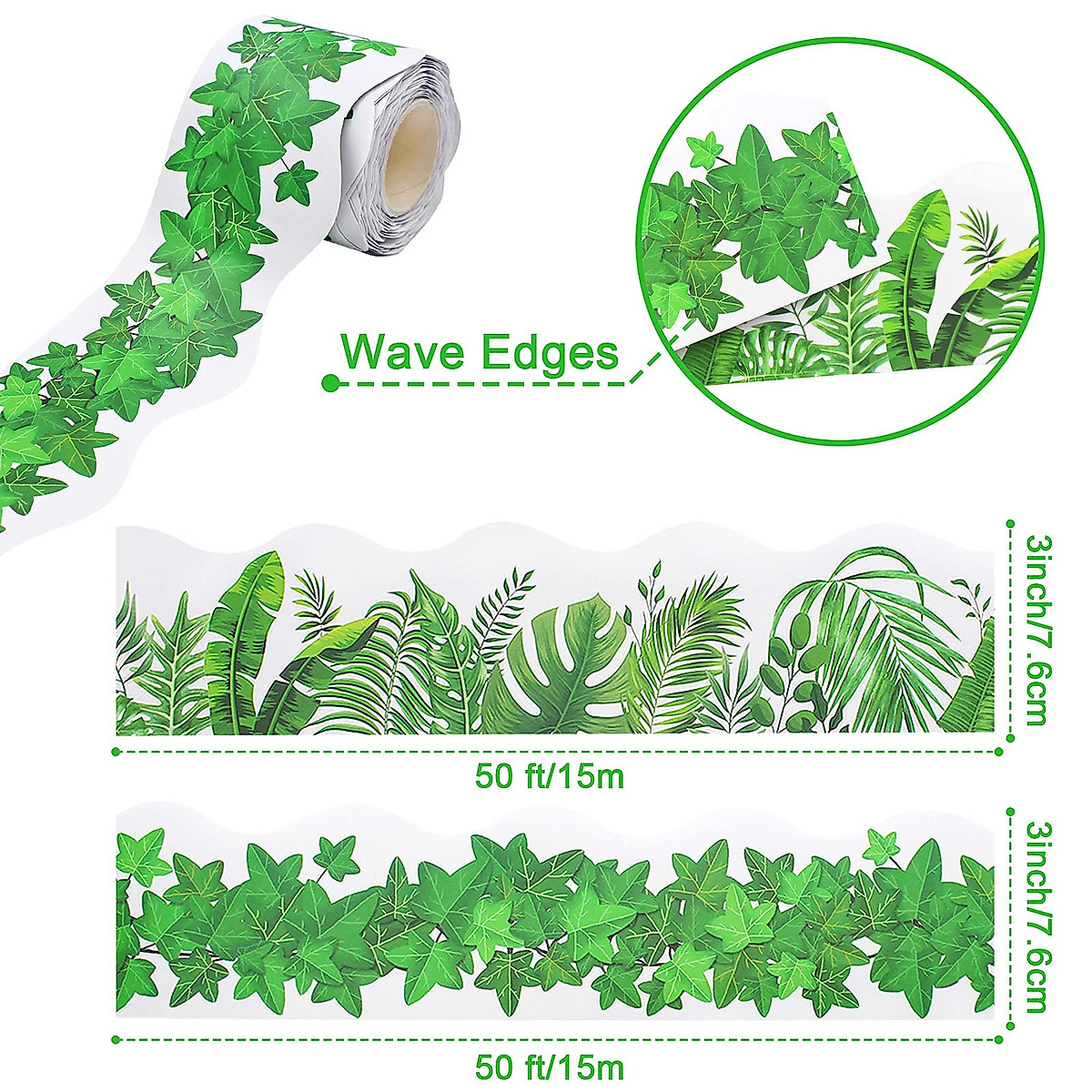 Cinvo Bulletin Board Border Trim Boho Greenery Tropical Leaves Ivy Leaves Double Sided Border Die-Cut for Bulletin Boards Black Board Desks Wall Decals Back to School Classroom Decoration (3" x 50’)