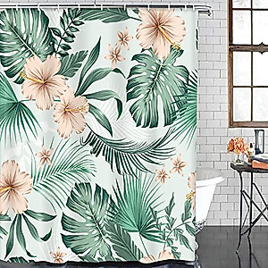 Tropical Palm Leaves Bathroom Sets with Shower Curtain and Rugs and Accessories, Tropical Flower Shower Curtain Set, Tropical Palm Shower Curtains for Bathroom, Tropical Floral Bathroom Decor 4 Pcs