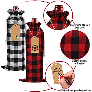 DULEFUN 12pcs Christmas Wine Bags, Christmas Wine Burlap Bags Buffalo Plaid Wine Bags Reusable Xmas Wine Bottle Clothes Covers for Christmas Wedding New Year Holiday Party Decor