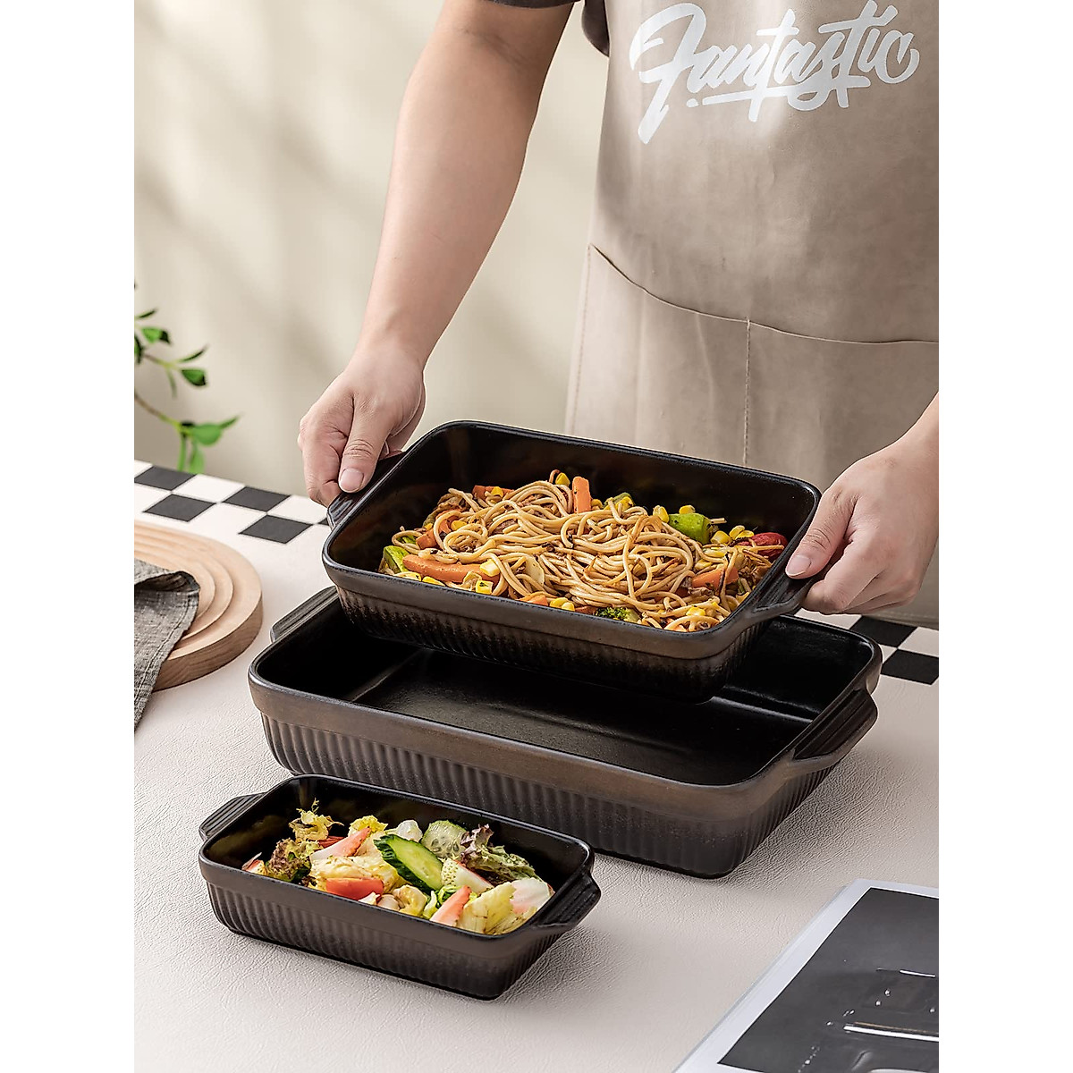 Kanwone Ceramic Baking Dishes, Rectangular Lasagna Pans, Casserole Dishes, Bakeware Set for Cooking, Kitchen, Cake Dinner, 9 x 13 Inches, Stripe Series - Reactive Glazed (Matte Black)