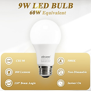 DiCUNO A19 LED Light Bulbs 60W Equivalent, Daylight White 5000K, High CRI 90, E26 Medium Base 9W 800 Lumens 120V, Non-dimmable, Frosted, 6 Pack