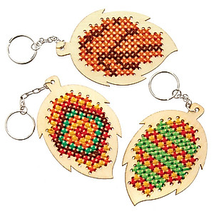 Baker Ross AW843 Leaf Wooden Cross Stitch Keyring Kits - Pack Of 5, Fall And Winter Arts And Crafts