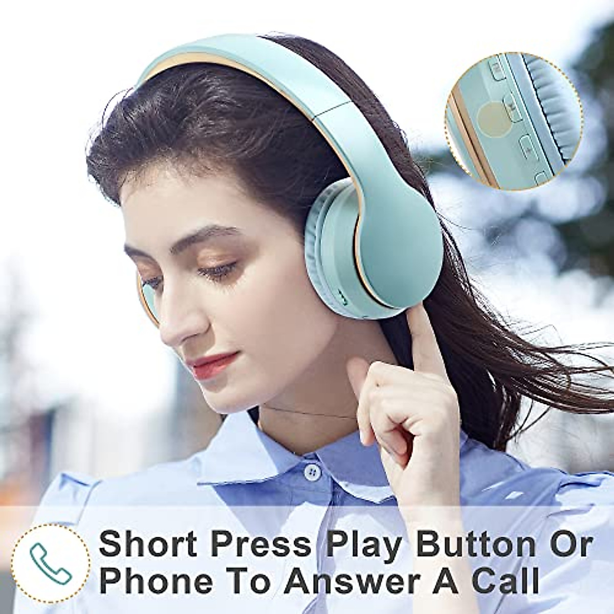 LOBKIN Over Ear Headphones with Microphone, Stereo Hi-Fi Sound Noise Cancelling Headphones, Portable FM Radios TF Foldable Headsets Wireless Bluetooth Headphones (Powder Blue)