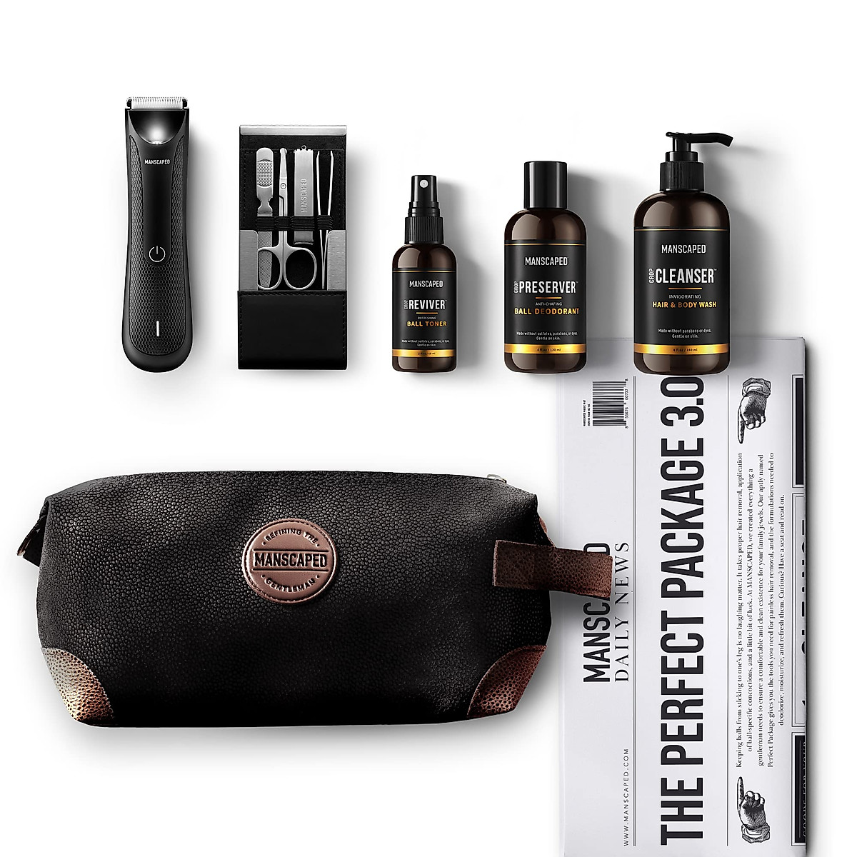 MANSCAPED Perfect Package 3.0 Kit Contains: The Lawn Mower 3.0 Electric Trimmer, Ball Deodorant, Body Wash, Performance Spray-on-Body Toner, Four Piece Luxury Nail Kit, Toiletry Bag, 3 Shaving Mats