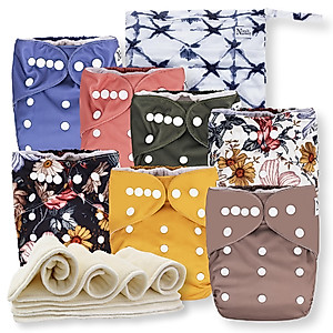Harlow Baby Cloth Pocket Diapers 7 Pack, 7 Bamboo Inserts, 1 Wet Bag by Nora's Nursery