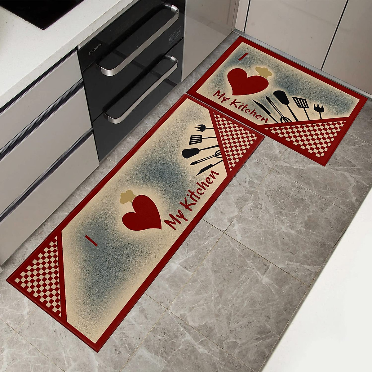 Red Kitchen Rugs Retro Utensils I Love My Kitchen Mat Red Kitchen Decor And Accessories Checkerboard Non-Slip Kitchen Rug and Mats Floor Mat Runner Rug for Kitchen Laundry Living Room Front Door