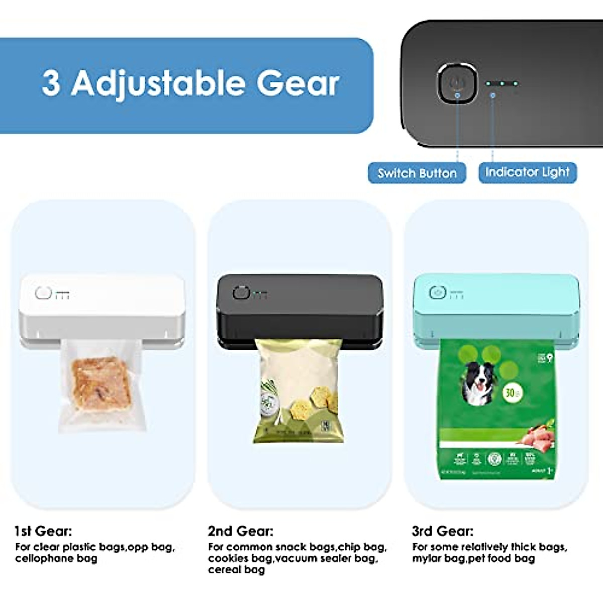 ODSD Bag Sealer Rechargeable, 3.9 inch Heating Length Mini Bag Resealer Portable Vacuum Sealer Machine Kitchen Gadget & 3 Sealing Gear, One Press to Quick Heat Seal for Mylar Food Plastic Chip Bags