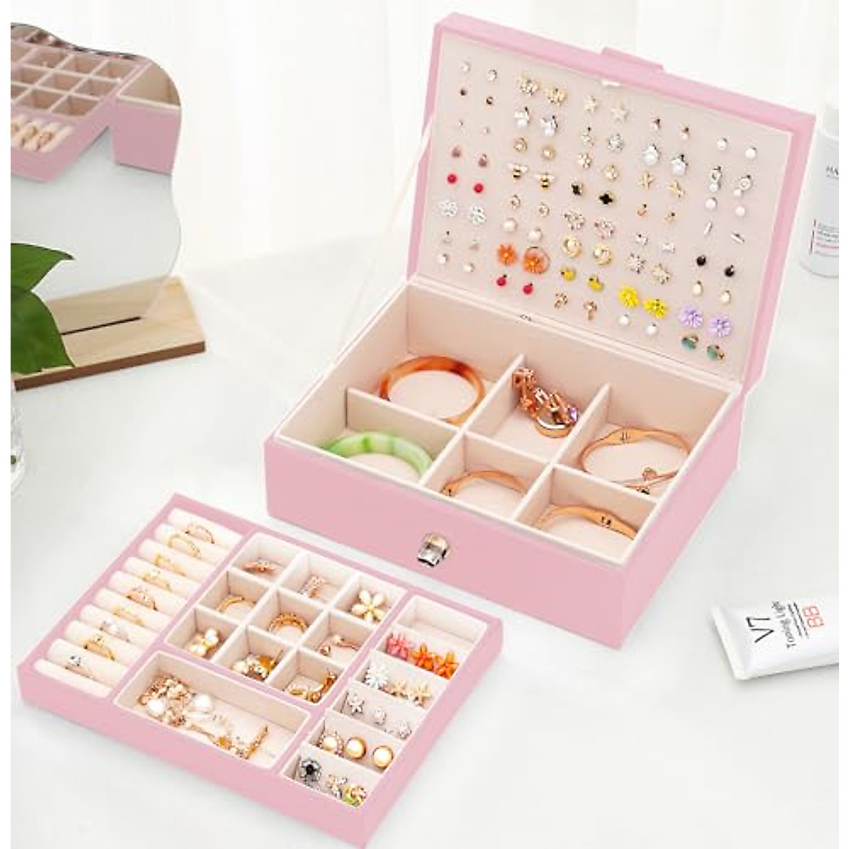 Girls Jewelry Box for Earring Jewelry Organizer Box Womens Earring Box for Girls Earring Holder Organizer Stud Earring Jewelry Box for Necklace Ring Earring Organizer for Girls Earring Storage Pink