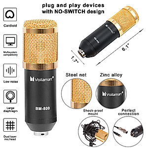 Voilamart USB Streaming Podcast Microphone, Condenser Microphone Set BM-800 with Adjustable Recording, Suspension Scissor Arm Stand, Shock Mount, Podcast Condenser Microphone for YouTube, Recording