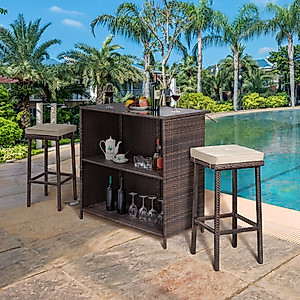 Yaheetech 3pcs Patio Bar Set, Outdoor Wicker Bar Furniture with 2 Storage Shelves, Glass Top Table, Removable Cushions and Two Stools for Backyards, Porches, Gardens or Poolside