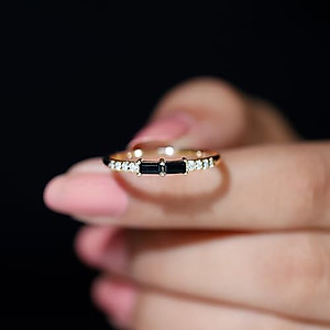 Natural Black Onyx Diamond Promise Ring For Women, Certified Onyx Stackable Ring, AAA Quality - With Jewelry Box, 14K Yellow Gold, Size:US 7.00