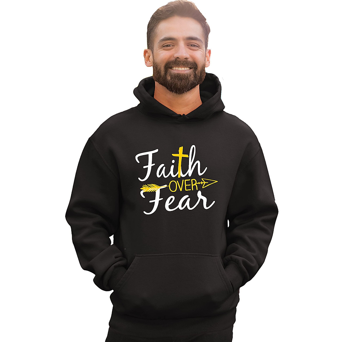 Go All Out Medium Black Mens Faith Over Fear Cross & Arrow Christian Jesus Sweatshirt Hoodie