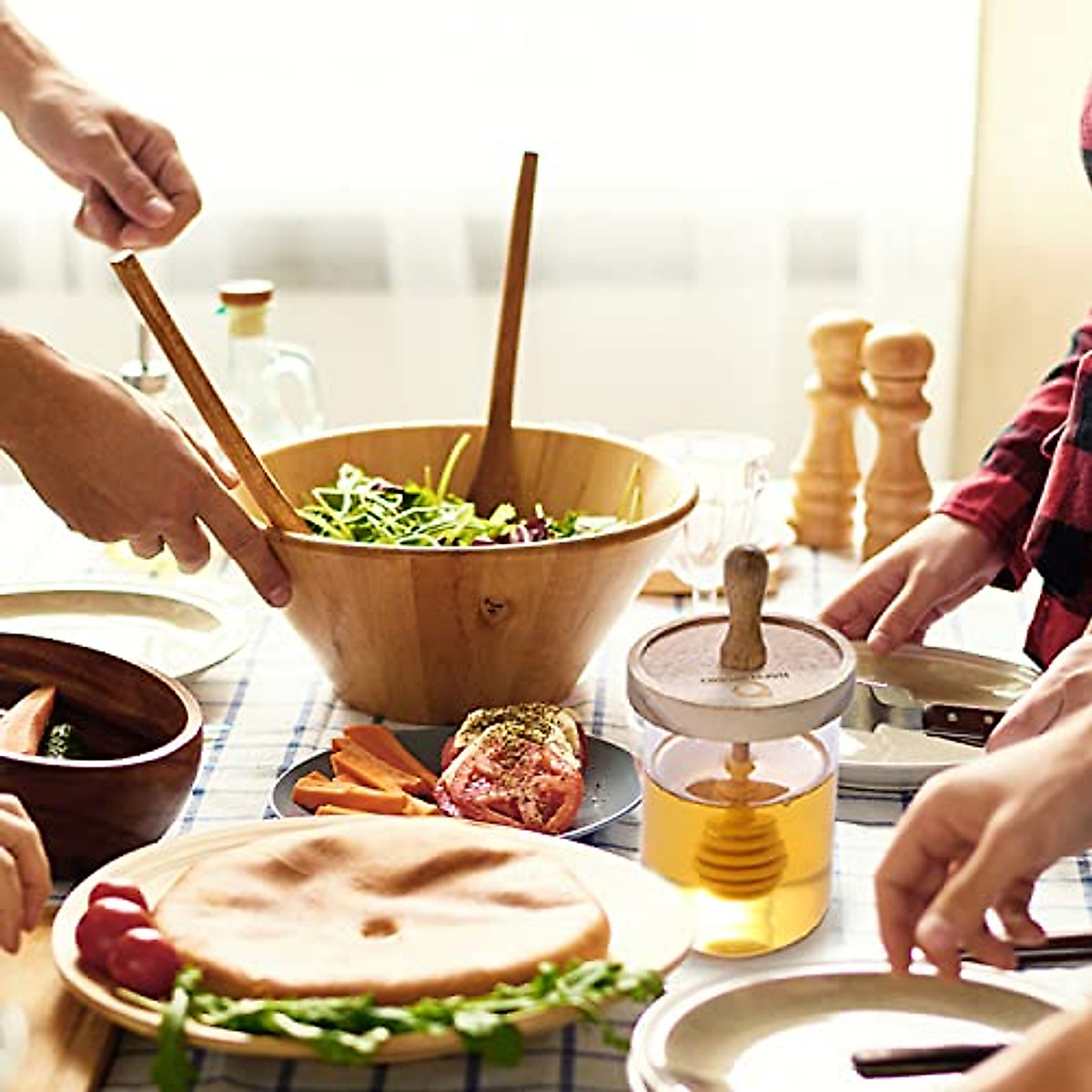 HAPPI STUDIO Honey Pot - Airtight 13 Oz Honey Jar and Dipper Set - Honey Jars with Dipper - Honey Dipper Stick and Jar Set - Glass Honey Dispenser - Honey Containers with Wooden Honey Dipper