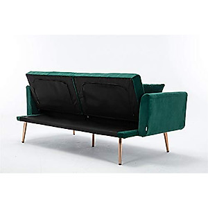 NOSGA Velvet Sofa Bed Convertible Sleeper Sofa, Modern Tufted Sofa Bed with 2 Throw Pillow, Adjustable Folding Accent Sofa Rose Gold Metal Feet for Living Room Bedroom (Green)
