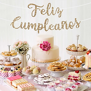 Pre-Strung Feliz Cumpleaños Banner,NO DIY,Gold Glitter Spanish Happy Birthday Party Banner,Pre-Strung Script Garland on 6 ft Strands,Gold Birthday Party Decorations & Decor. Did we mention no DIY?