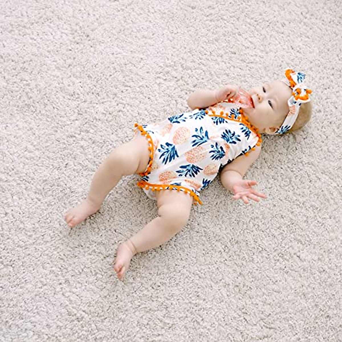 UNICOMIDEA 18-24 Months Toddler Girls V Neck Clothes Novely Pinapple Print Jumpsuits Sleeveless Outfit Set Strap Backless Pompom Bodysuit with Bow-Knot Headband for 2 Years Old's Kids