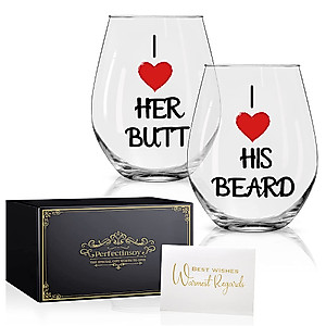 Perfectinsoy I Like His Beard, I Like Her Butt Wine Glass Set of 2, Wedding Gifts for Husband, Wife, Bride, Groom, Soulmate, His and Her Anniversary, Engagement Anniversary, Bridal Showers
