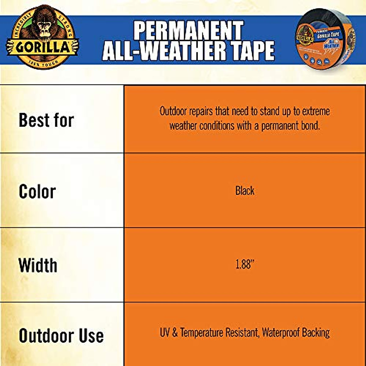 Gorilla All Weather Outdoor Waterproof Duct Tape, UV and Temperature Resistant, 1.88" x 25 yd, Black, (Pack of 6)