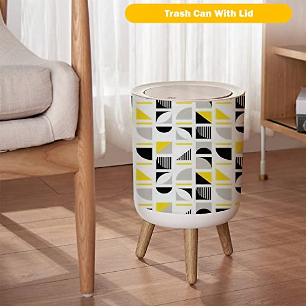 Small Trash Can with Lid seamless various abstract geometric shapes Squares stripes segments a Round Garbage Can Press Cover Wastebasket Wood Waste Bin for Bathroom Kitchen Office 7L/1.8 Gallon