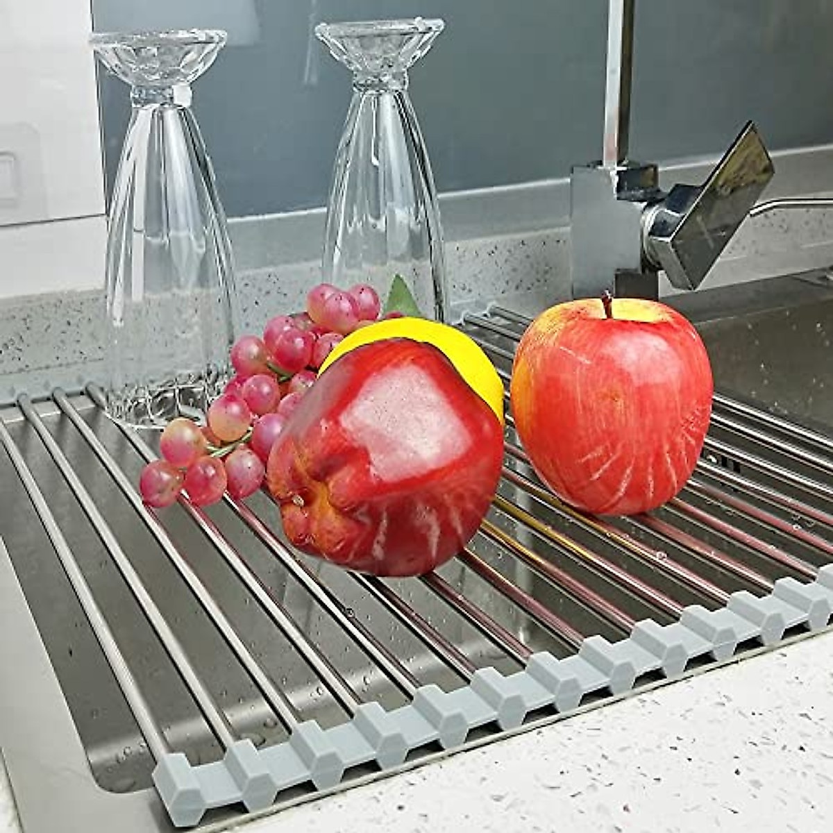 HRAYLTOP Roll Up Dish Drying Rack with Pot Lid Organizer,Plate Holder Rack Over The Sink,Kitchen Foldable Multipurpose Heat Resistant Dish Drainer Rack for Fruits Vegetable and Meat 16.9" x 14.2"