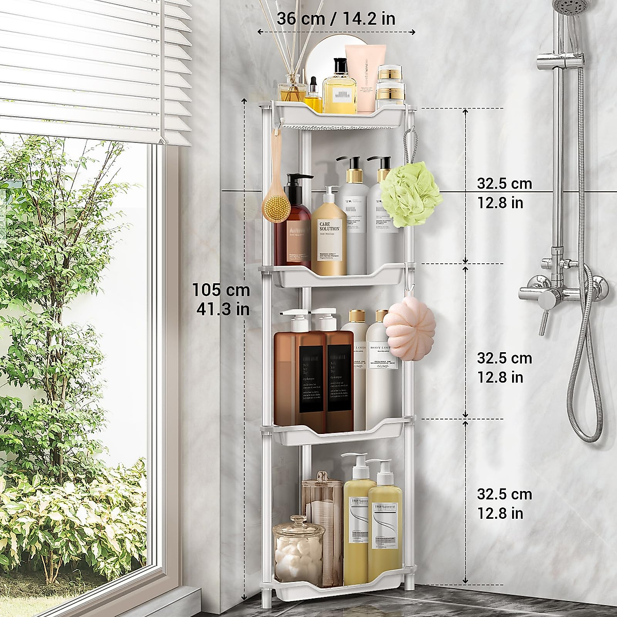 4 Tier Shower Caddy for Bathroom Corner Organizer: Rustproof Floor Standing Shower Shelves Storage with Large Capacity - Shower Organizer Rack for Bathroom Essentials, White