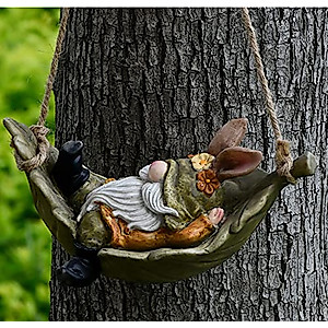 Gardenfans Garden Gnomes Statue Outdoor Decoration Hanging Tree Outside Swinging Leaf Hammock Figurine Resin Fairy Garden Decor for Patio Yard