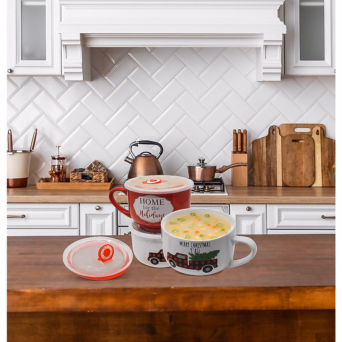 Kovot 24oz Ceramic Christmas Themed Bowl Set with Lid & Handle – Use for Ramen, Soup, Cereal, & as a Coffee Mug – Take Your Food To Go with Airtight Silicone Lid and Steam Vent (4-Pack – Red & White)