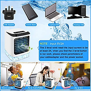 Portable Air Conditioner Fan, NEWXLT Evaporative Cooler Personal Humidifier Mini Desktop Cooling Fan USB Operated 7 Colors LED Light 3 Wind Speed Levels for Home Office Indoor Outdoor Use