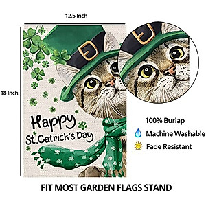 Happy St Patricks Day Garden Flag for Outdoor,Cat with Green Hat Scarf Shamrock Small Yard Flag,Spring Saint Patrick Decors for Outside Farmhouse Holiday 12x18 Double Sided