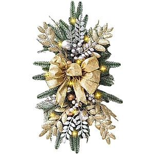 1pcs Cordless Prelit Stairway Swag Trim,Christmas Swag Wreaths for Front Door Holiday Wall Window Hanging Ornaments for Indoor Outdoor Home Xmas Decor (Gold)