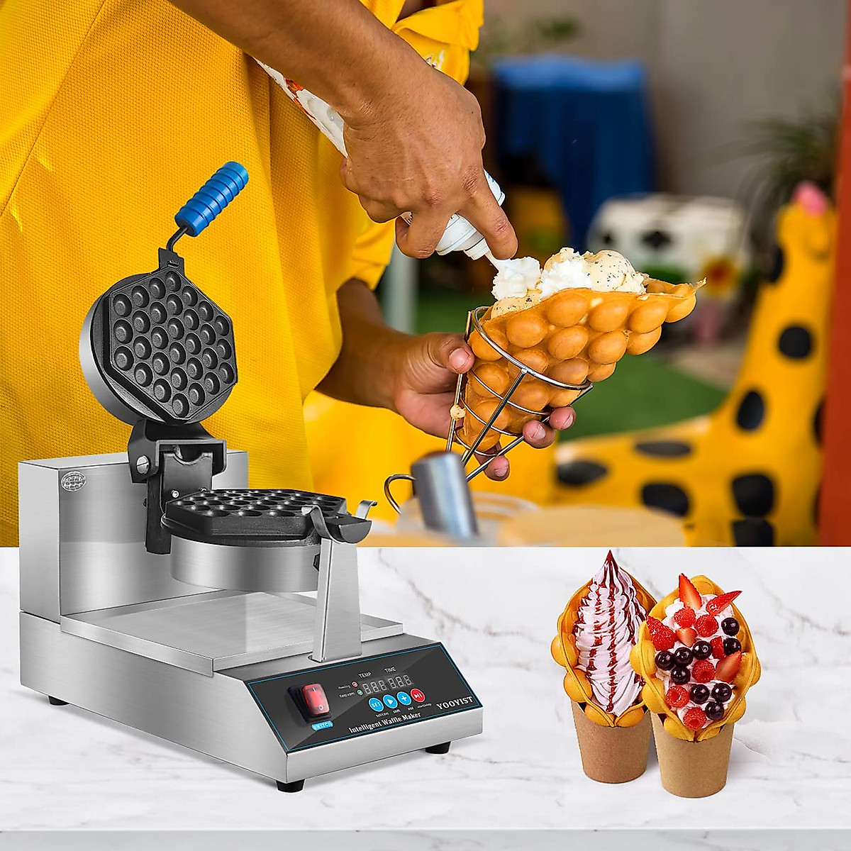 YOOYIST LED Egg Bubble Waffle Iron Machine Rotating Belgian Waffle Maker Commercial Grade Professional Intelligent Heavy Duty Non Stick Digital For Hotel Restaurant