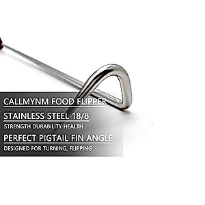 Callmynm 17.5 Inch Pigtail Food Flipper & Turner for Grill, 304 Stainless Steel Pigtail Meat Hook with Wooden Handle for Grilling & Smoking (Black Walnut)