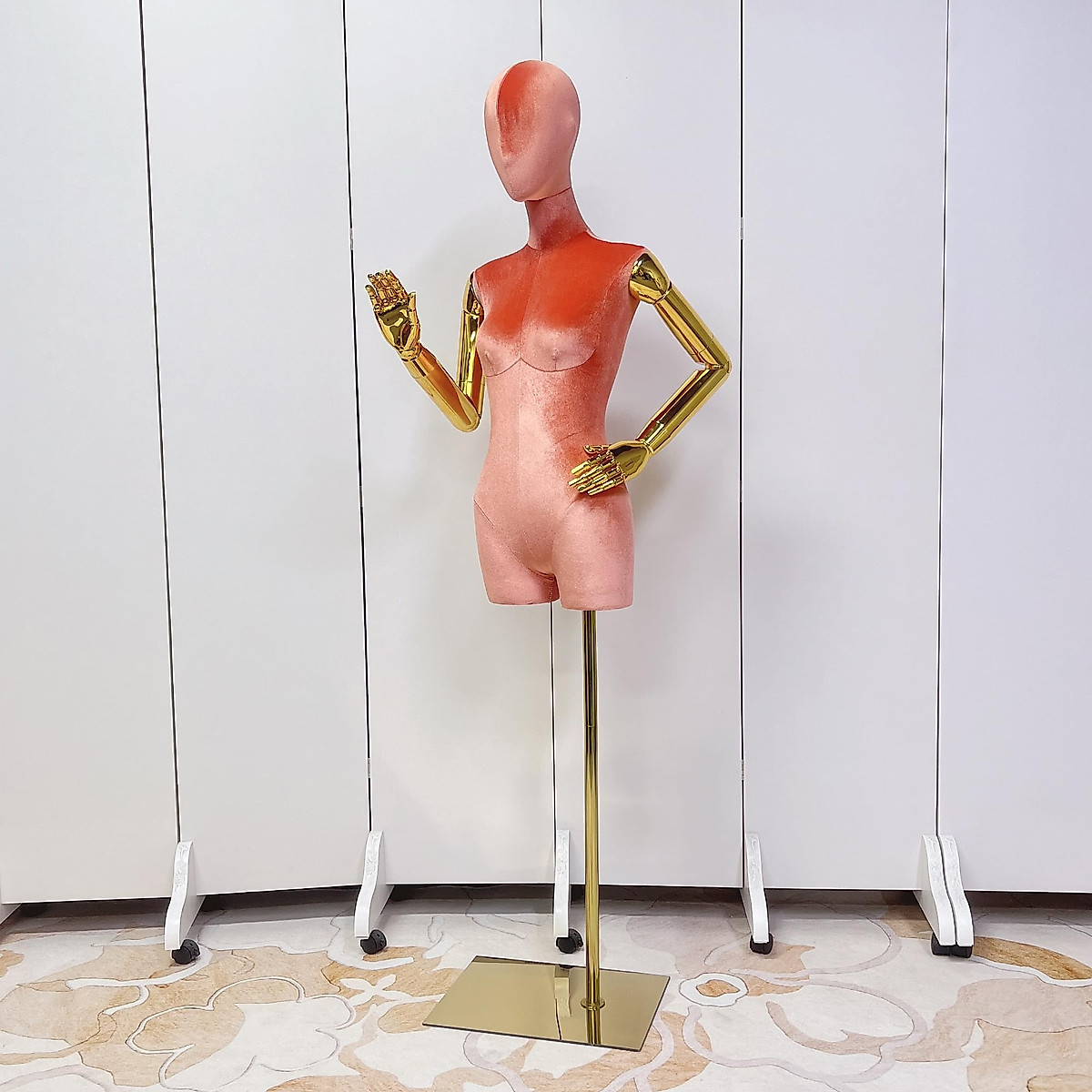 JELIMATE Female Mannequin Torso with Stand Velvet Fabric Display Retail Mannequins Dress Form Model for Boutique Display Manikin with Golden Arms