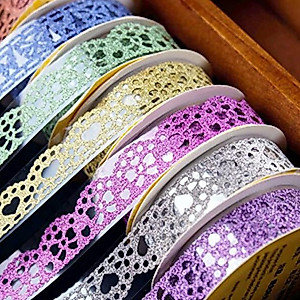 SALLYFASHION Lace Washi Tape, 6 Roll Lace Pattern Glitter Bling Self-Adhesive Tape Diamond Washi Tape Masking DIY Scrapbooking Lace Tape Sticker Color Random