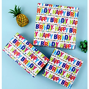 U'COVER Happy Birthday Wrapping Paper for Girls Kids Boys 3 Large Sheet with Cut Line Gift Wrapping Paper for Women Men Baby Shower Holiday Birthday Gift Wrap Paper Folded Flat 27 x 39.4inch