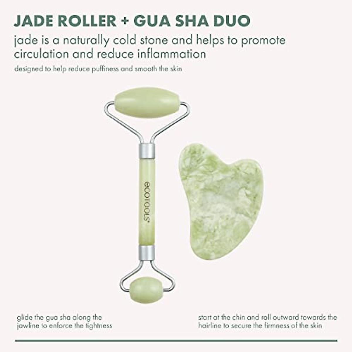 EcoTools Beauty Skin Care Tool Jade Facial Roller and Gua Sha Stone Duo, Face Roller and Massager, Skincare and Sculpting Tools, Green, Promotes Healthy Skin, Massager, 2 Piece Set, 1 Count