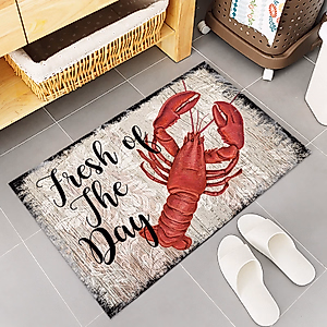 Kitchen Rugs, Red Lobster Seafood Fresh of The Day Vintage Wood Board Plank Non Slip Runner Rug Mat for Floor, Kitchen, Bedside, Sink, Office, Laundry, Set of 2