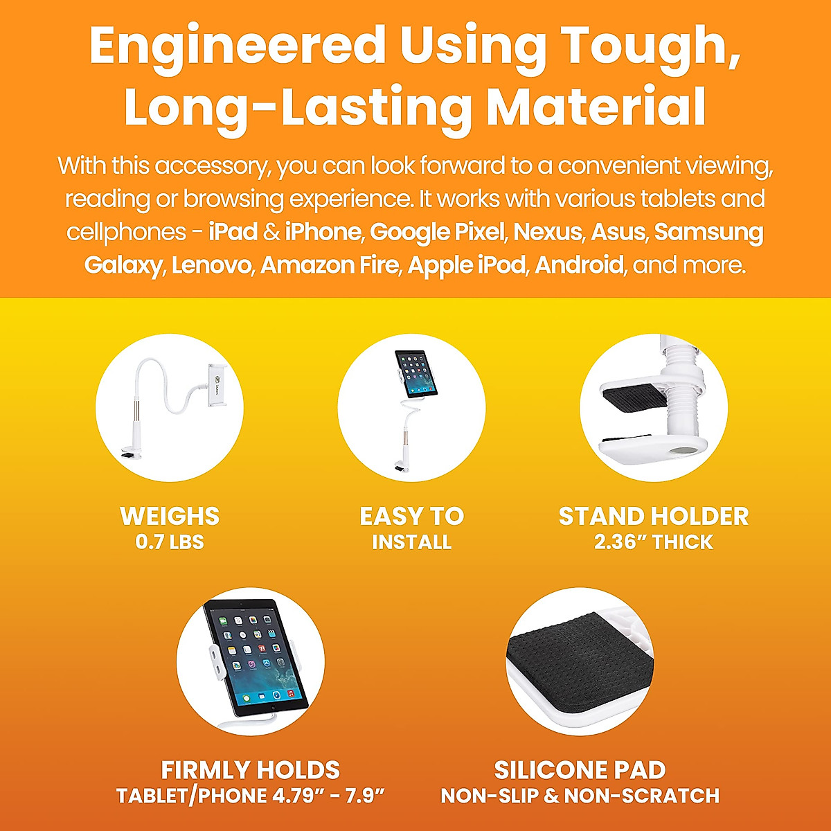 Zlion 360 Degree Tablet Holder, 31-Inch-Long Gooseneck Phone Holder with Clamp, Tablet and Cell Phone Holder for Treadmills or Furniture, Tablet Holder for Online Class, Reading, Watching and More