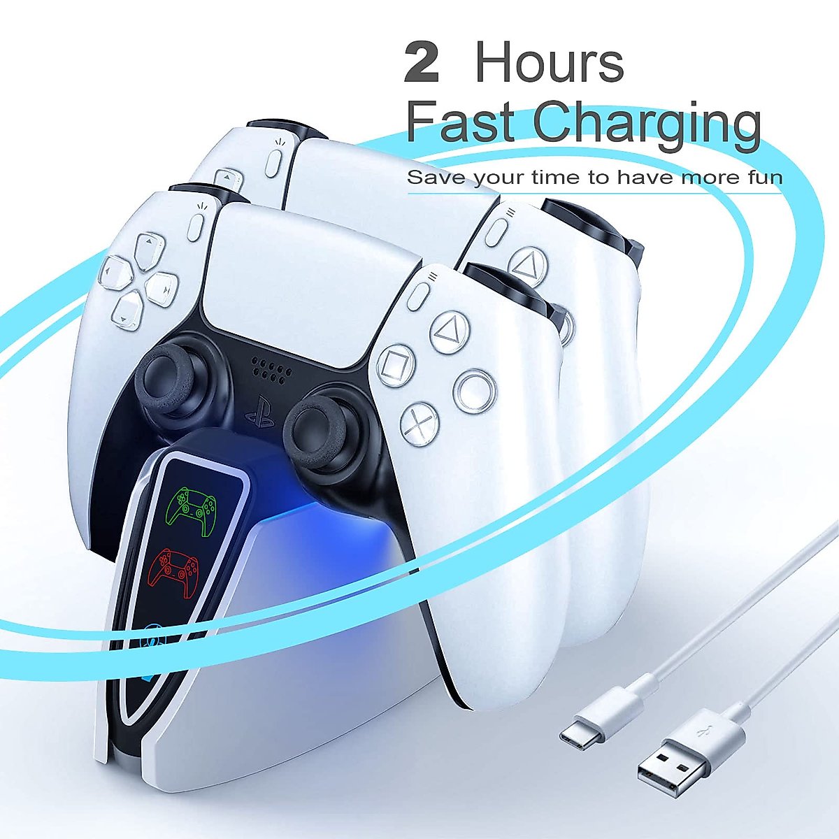 PS5 Controller Charging Station, PS5 Controller Charger Built-in Chargering Intelligent Protection Module and Charge Remind LED ，PS5 Fast Charging Dock Station for Playstation 5 Dualsense Controller