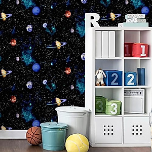 Arthouse Kids Cosmos Space Planets Charcoal Gray Wallpaper - Twinkling Stars on a Midnight Background with Green Accents - Amazing 3D Effect - Ideal for Teenager Bedroom - 668100