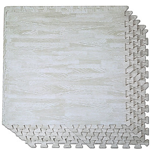 Home Aesthetics 100 Sq. Ft 3/8 Inch Thick Printed Foam Tiles Interlocking Foam Mat, 24" x 24", 25 pcs, White Wood Grain Style Protective Flooring, for Home, Gym Exercise or Trade Show