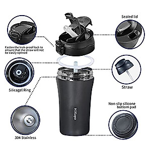 HiKupa Insulated Travel Mug with Straw and Leakproof Lid, Double Wall Stainless Steel, for Hot and Cold Drinks (Pink)