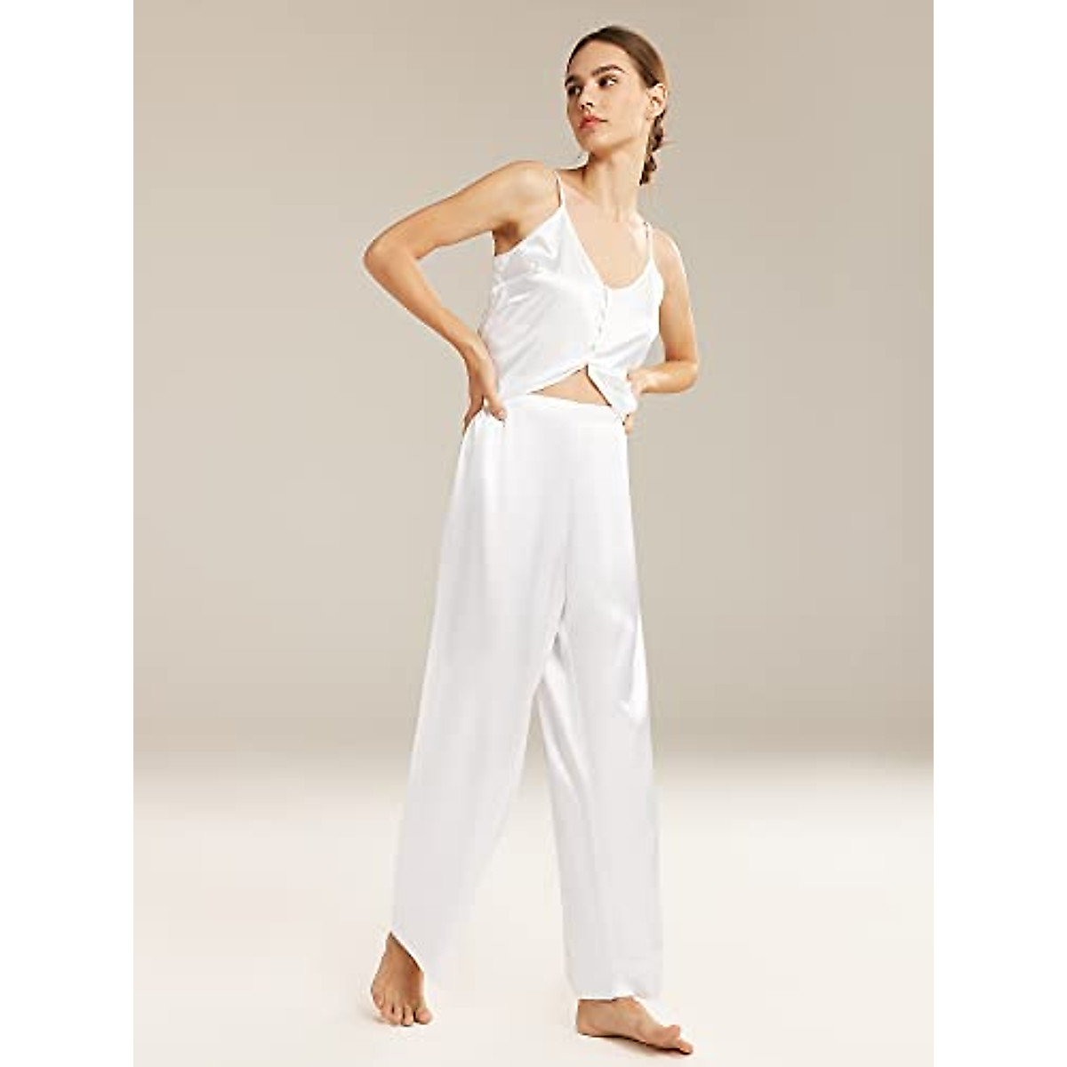 AW BRIDAL White Satin Pajamas Set for Women Silk Sexy Lingerie Camisole with Pants Set Sleepwear for Wedding Bridal Shower Party, White XL