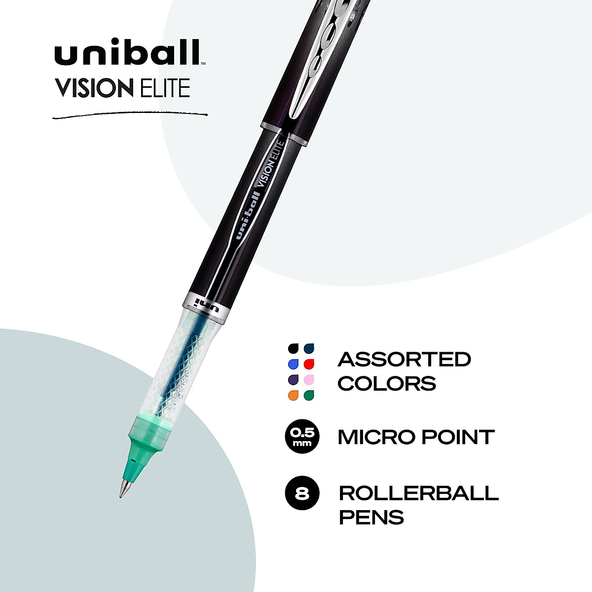 uniball Vision Elite Rollerball Pens with 0.5mm Micro Point Pen Tips, Assorted, 8 Count - Uni-Super Ink is Smooth, Vibrant, and Protects Against Water, Fading, and Fraud