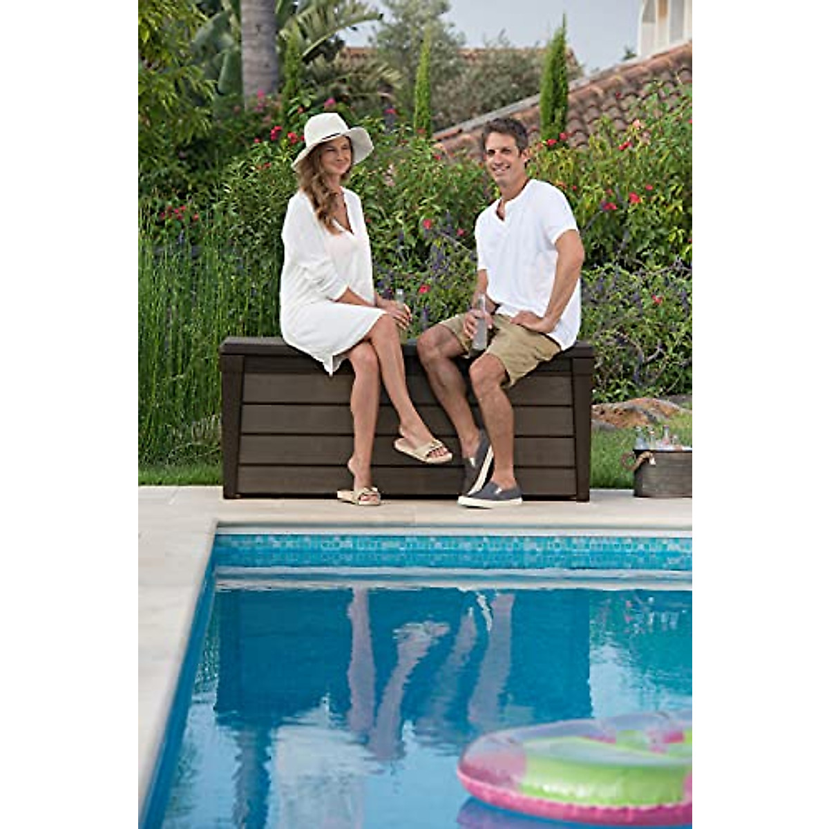 Keter Brushwood 120 Gallon Resin Large Deck Box for Patio Garden Furniture, Outdoor Cushion Storage, Pool Accessories, and Toys, Brown