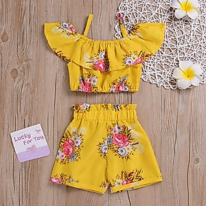 BOEBNOZCV Toddler Baby Girl Floral Halter Ruffled Outfits Set Yellow Strap Crop Tops+ Shorts Pants Summer Clothes Set