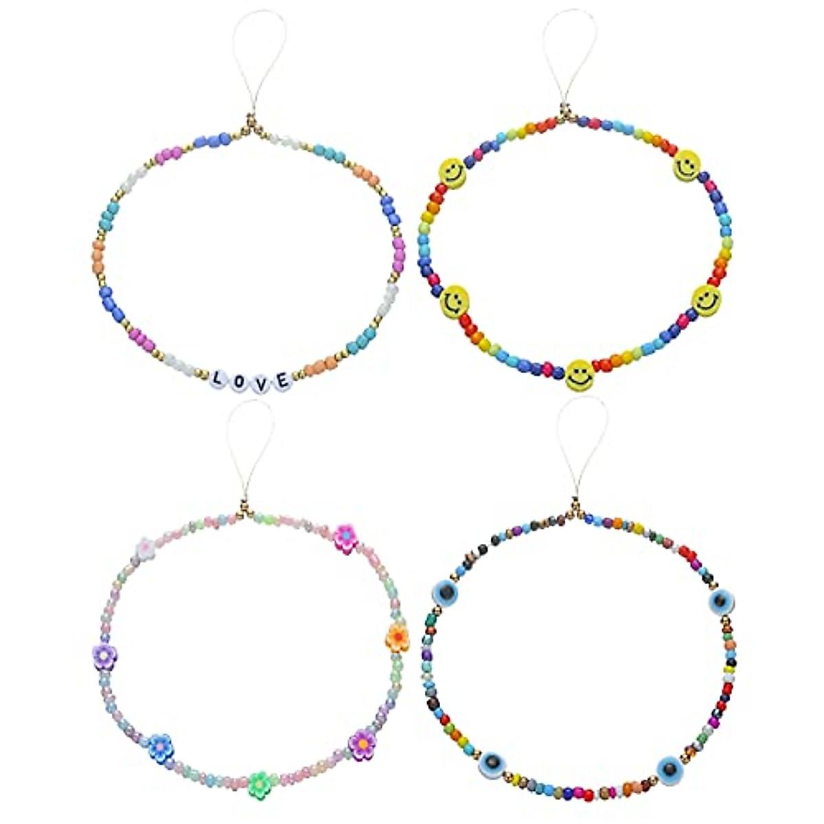 Taouzi 6PCS Beaded Phone Lanyard Wrist Strap Face Beaded Phone Charm Fruit Star Pearl Rainbow Color Beaded Phone Chain Strap for Women Girls