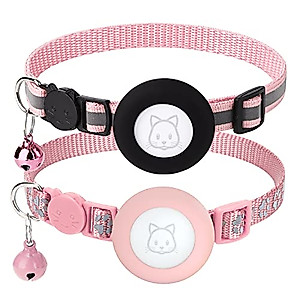 2Pack Airtag Cat Collars, Reflective Air Tag Cat Collar with Breakaway Safety Buckle and Bell, Adjustable Cat Collar with Airtag Holder Compatible with Apple Airtag for Small Pets (Pink)