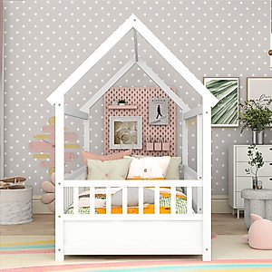 Montessori Floor Bed Twin Size, Twin Montessori Bed with Fence, Twin Size House Bed for Kids, Girls, Boys, Twin Floor Bed White, 80" L x 45" W x 66" H