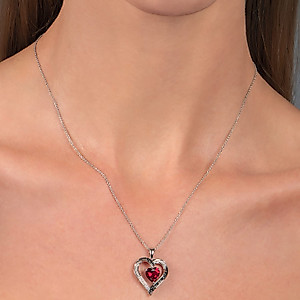Jewelili Sterling Silver Pendant Necklace with 8mm Heart Created Ruby and Treated Black & Natural White Round Diamonds, 1/10 cttw, 18" Rolo Chain